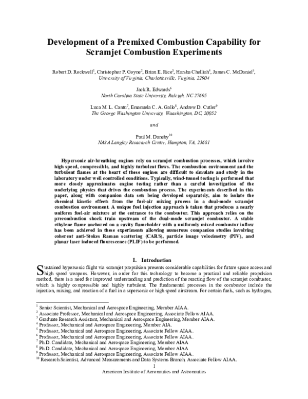 (PDF) Development of a Premixed Combustion Capability for Dual-Mode Scramjet Experiments (Invited)