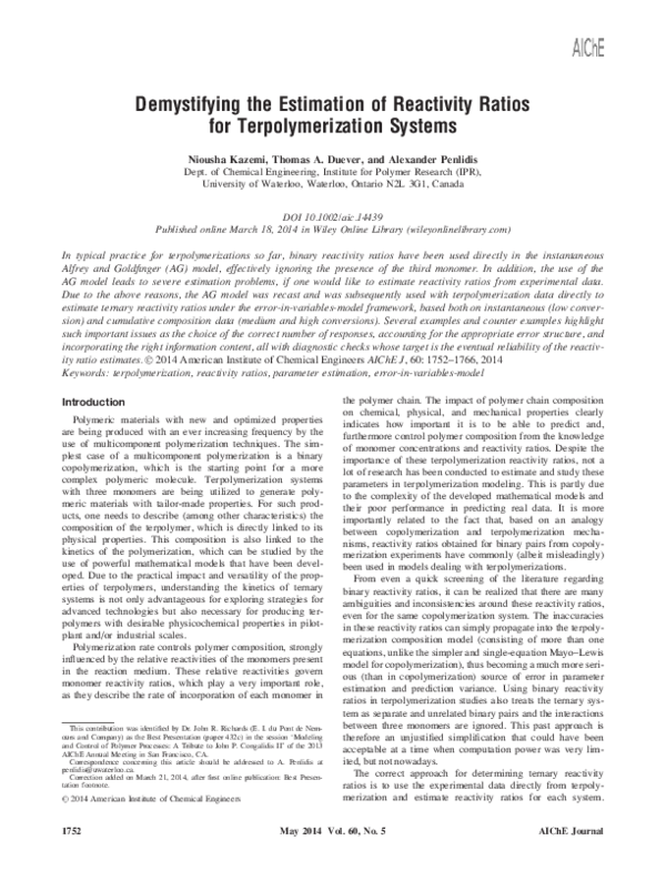 (PDF) Demystifying the estimation of reactivity ratios for terpolymerization systems