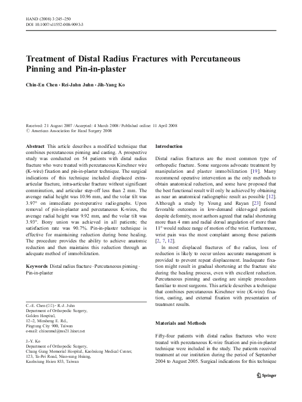 (PDF) Treatment of Distal Radius Fractures with Percutaneous Pinning ...