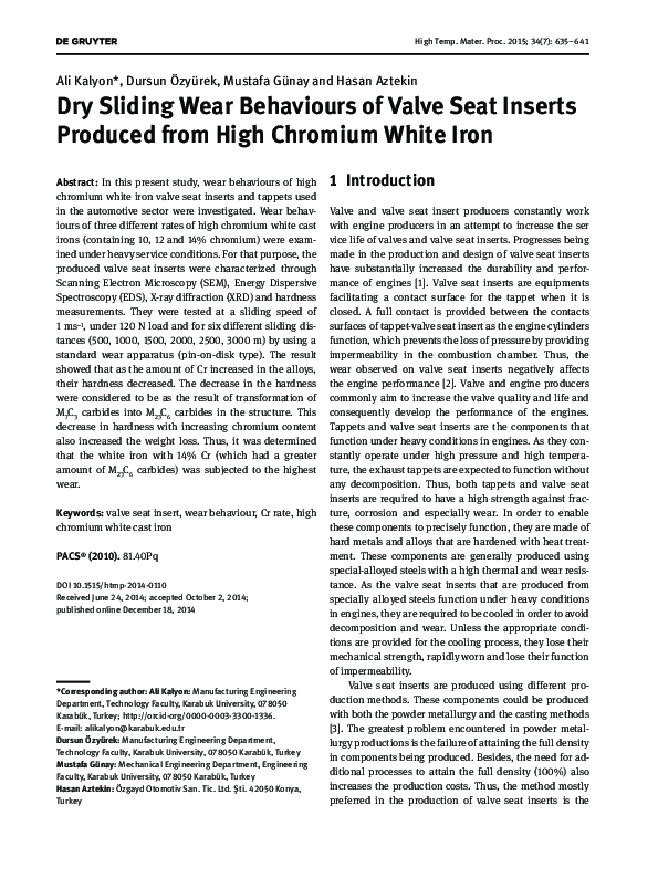 (PDF) Dry Sliding Wear Behaviours of Valve Seat Inserts Produced from High Chromium White Iron