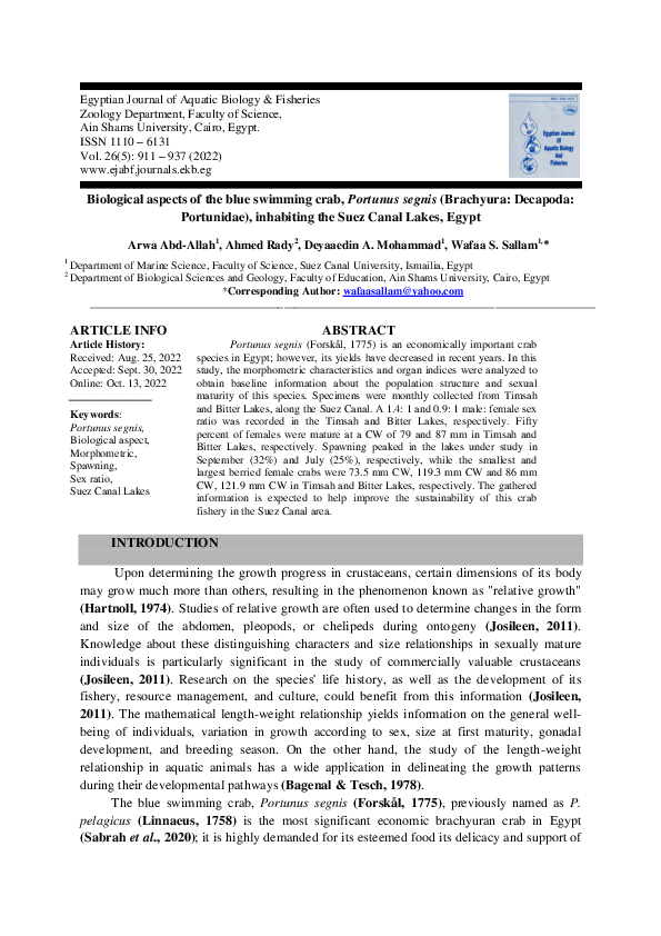 (PDF) Biological aspects of the blue swimming crab, Portunus segnis ...