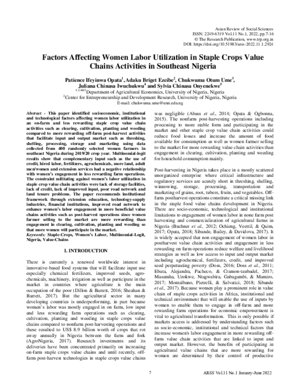 (PDF) Factors Affecting Women Labor Utilization in Staple Crops Value Chains Activities in ...