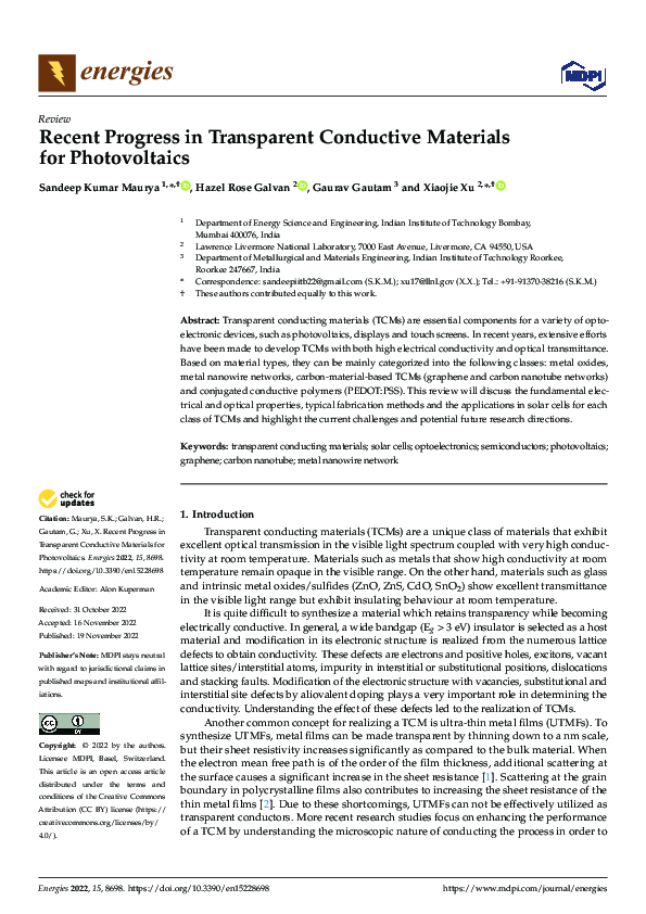 (PDF) Recent Progress in Transparent Conductive Materials for Photovoltaics