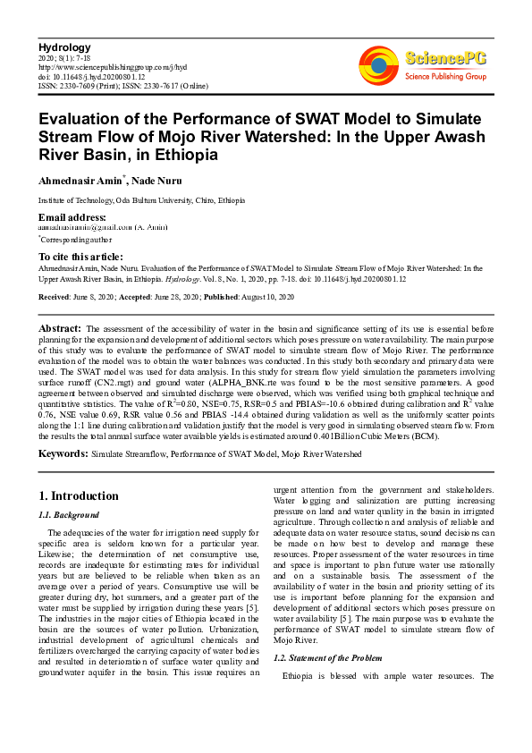Pdf Evaluation Of The Performance Of Swat Model To Simulate Stream Flow Of Mojo River