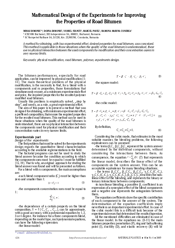 (PDF) Mathematical Design of the Experiments for Improving the Properties of road Bitumen