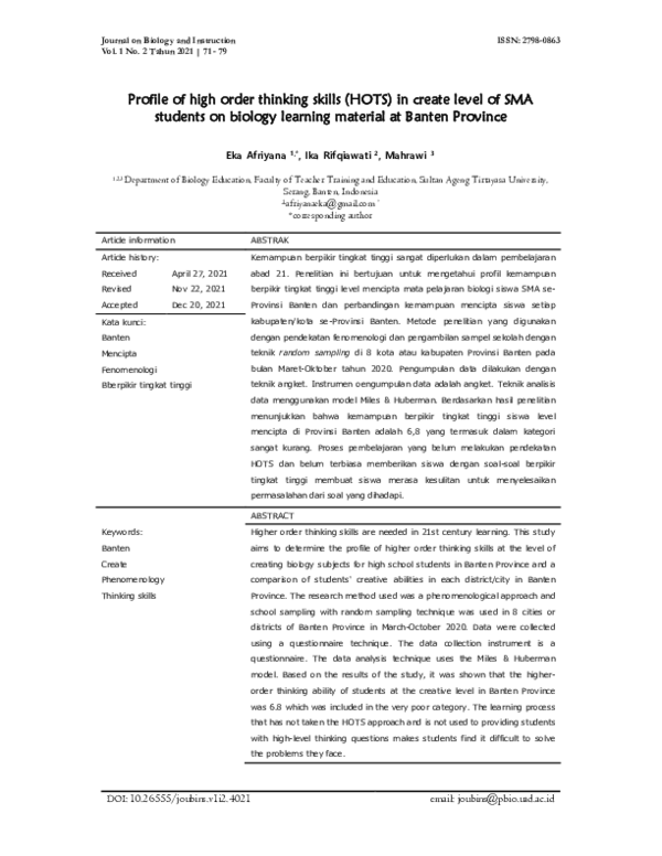 (PDF) Profile of high order thinking skills (HOTS) in create level of SMA students on biology ...