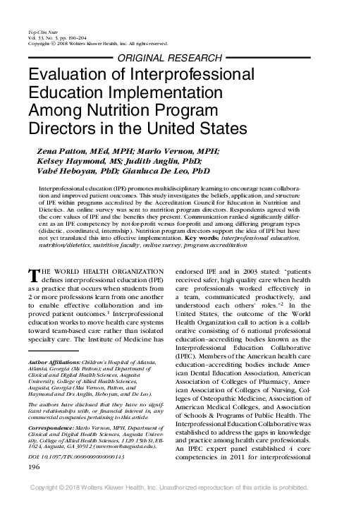 (PDF) Evaluation of Interprofessional Education Implementation Among Nutrition Program Directors ...
