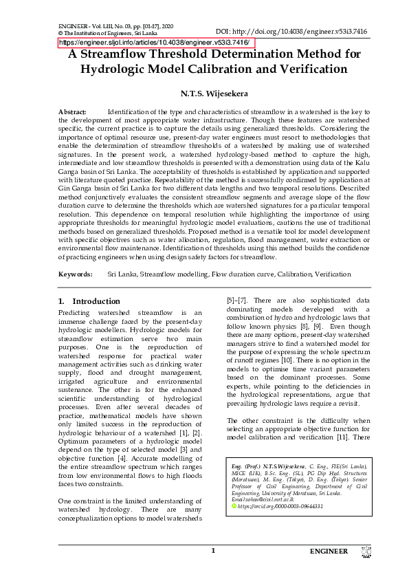 (PDF) A Streamflow Threshold Determination Method for Hydrologic Model Calibration and Verification