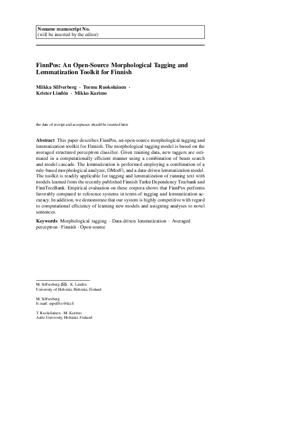 Finnpos An Open Source Morphological Tagging And Lemmatization Toolkit For Finnish