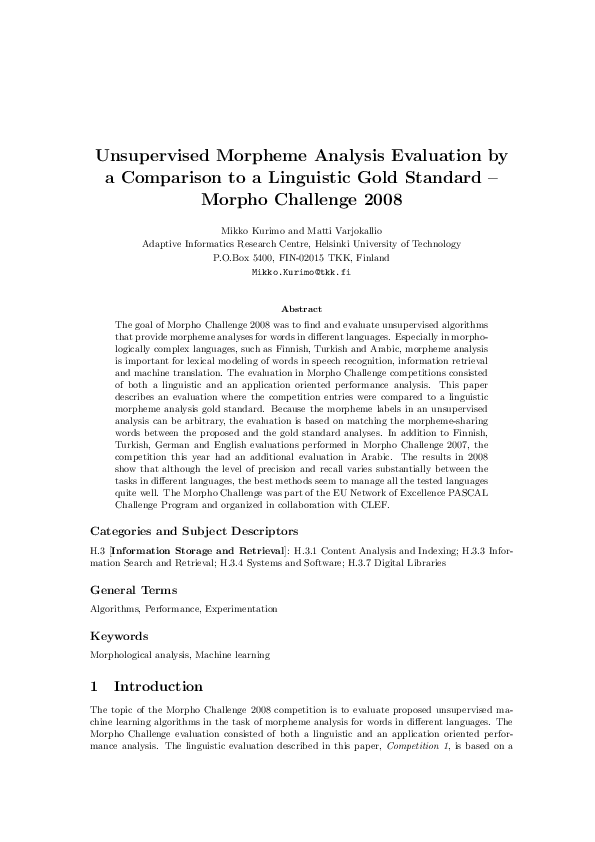 (PDF) Unsupervised Morpheme Analysis Evaluation by a Comparison to a Linguistic Gold Standard at ...