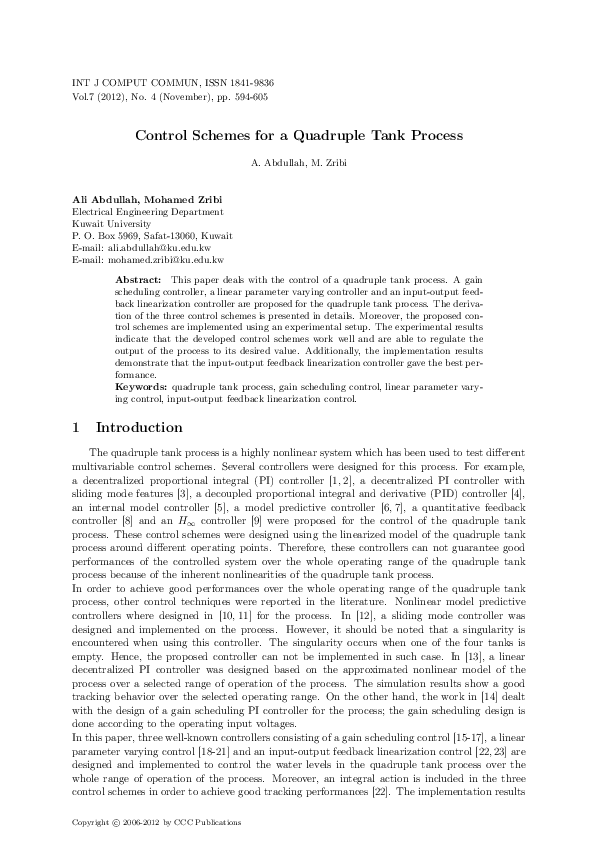 (PDF) Control Schemes for a Quadruple Tank Process