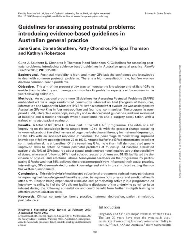 (PDF) Guidelines for assessing postnatal problems: introducing evidence-based guidelines in ...
