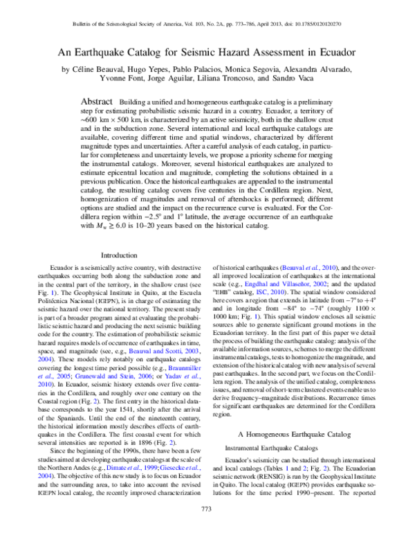 (PDF) An Earthquake Catalog for Seismic Hazard Assessment in Ecuador