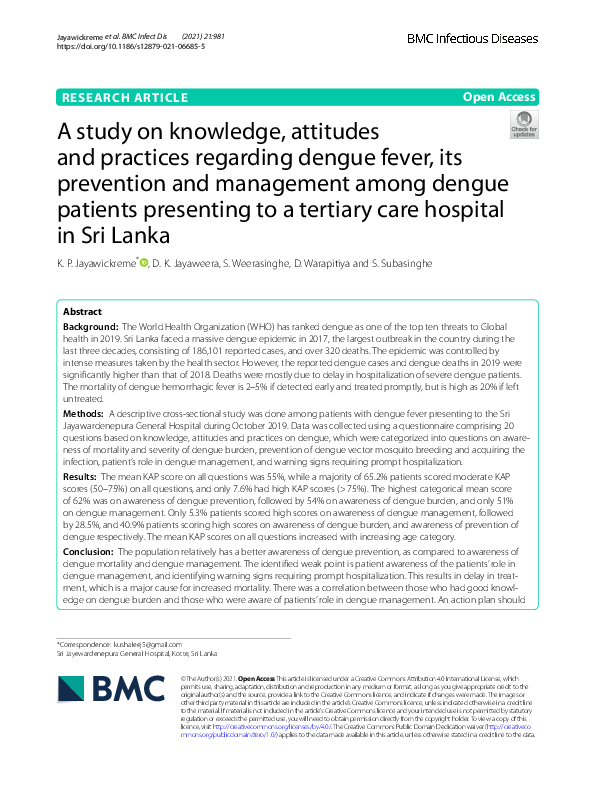 (PDF) A study on knowledge, attitudes and practices regarding dengue ...