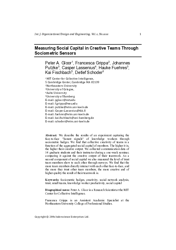 (PDF) Measuring social capital in creative teams through sociometric sensors