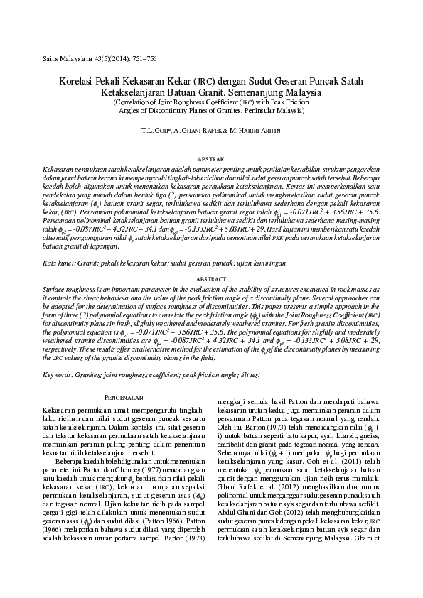 (PDF) Korelasi pekali kekasaran kekar (JRC) dengan sudut geseran puncak ...