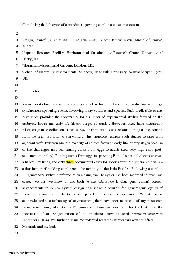 (PDF) Completing the life cycle of a broadcast spawning coral in a ...