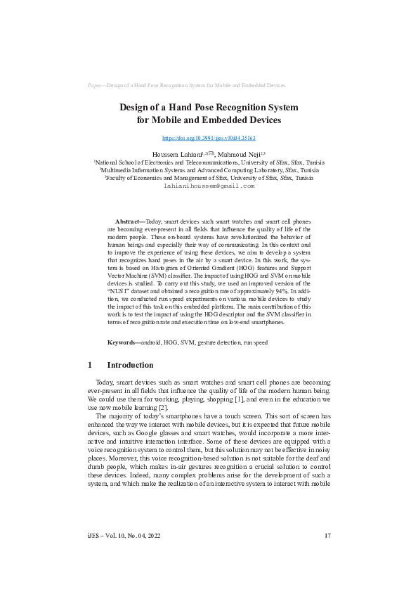 (PDF) Design of a Hand Pose Recognition System for Mobile and Embedded Devices