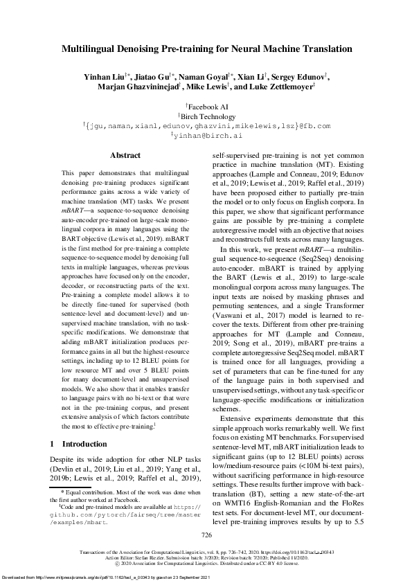 (PDF) Multilingual Denoising Pre-training for Neural Machine Translation