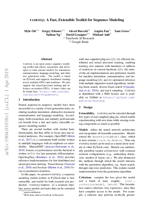 (PDF) fairseq: A Fast, Extensible Toolkit for Sequence Modeling