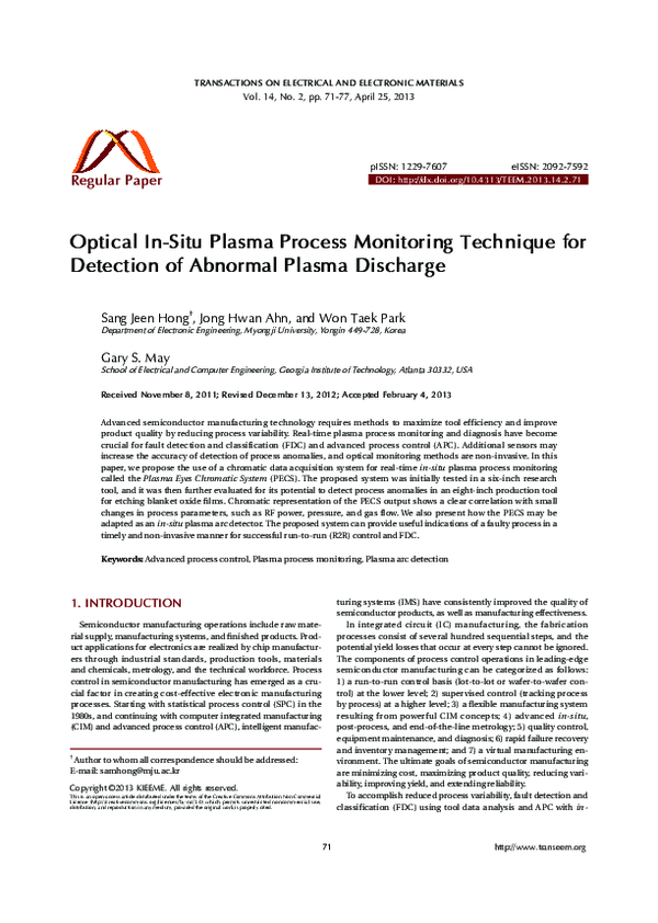 (PDF) Optical In-Situ Plasma Process Monitoring Technique for Detection ...