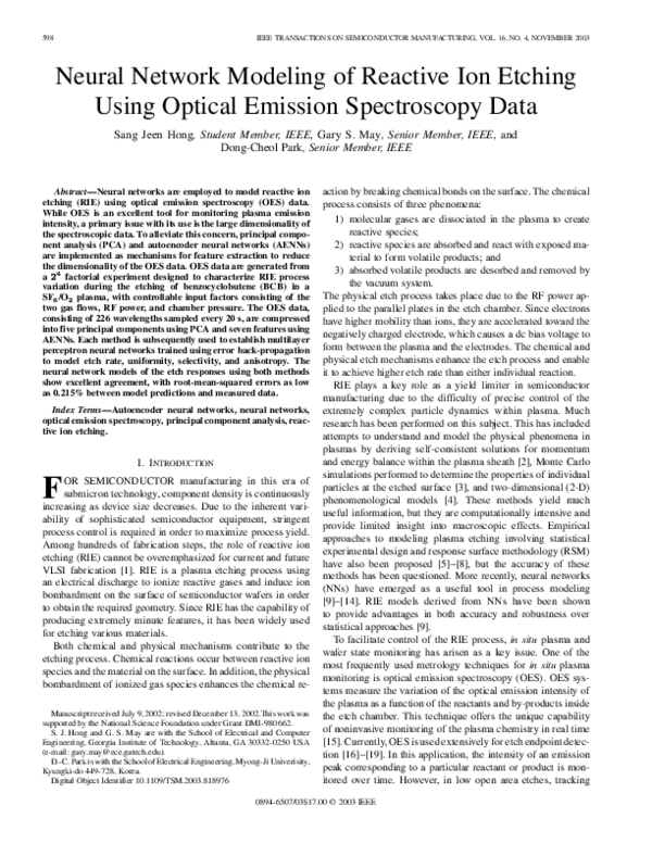 (PDF) Neural network modeling of reactive ion etching using optical emission spectroscopy data