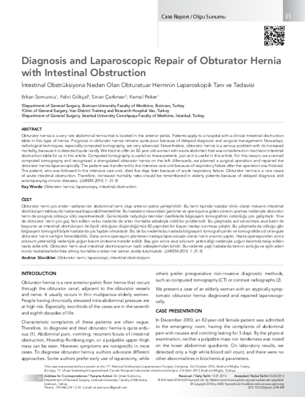 (PDF) Diagnosis and Laparoscopic Repair of Obturator Hernia with ...