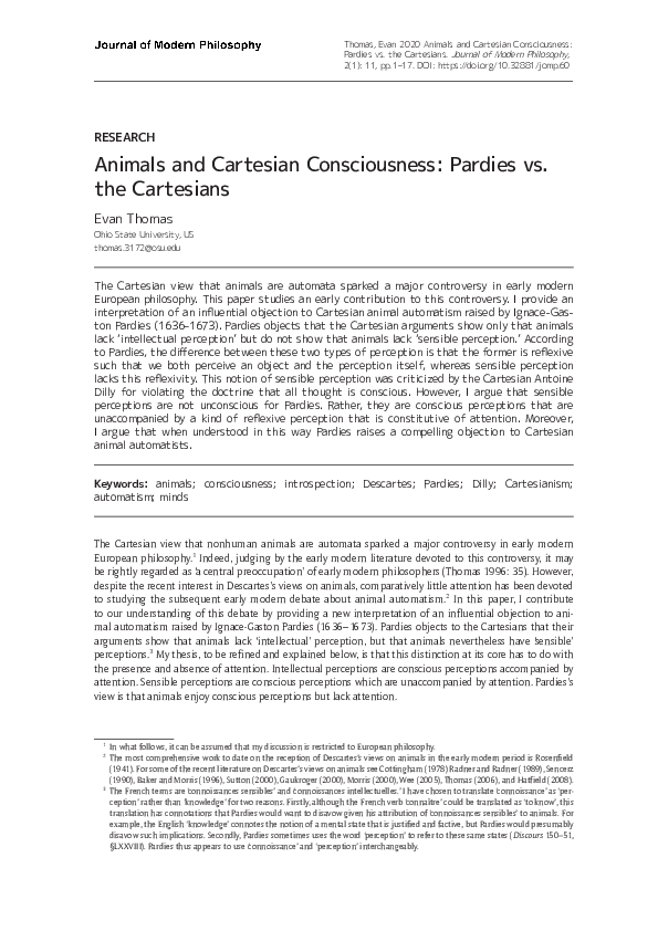 (PDF) Animals and Cartesian Consciousness: Pardies vs. the Cartesians