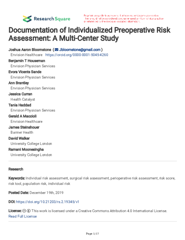 (PDF) Documentation of Individualized Preoperative Risk Assessment: A ...