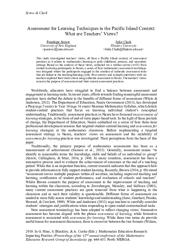 (PDF) Assessment for Learning Techniques in the Pacific Island Context: What are Teachers' Views?