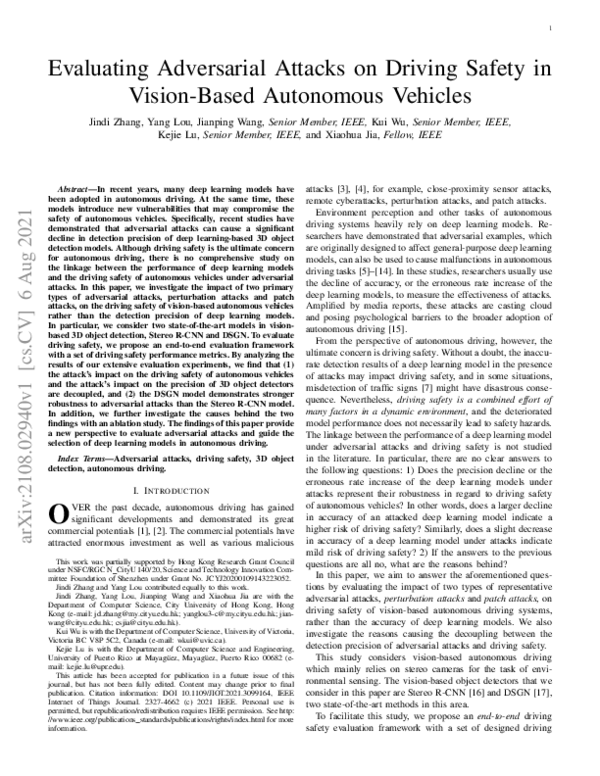 Pdf Evaluating Adversarial Attacks On Driving Safety In Vision Based Autonomous Vehicles
