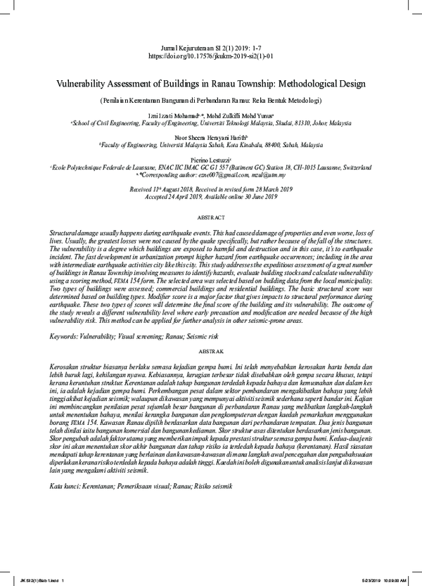 (PDF) Vulnerability Assessment of Buildings in Ranau Township: Methodological Design