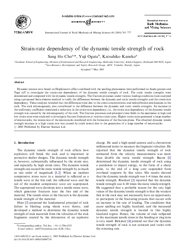 Pdf Strain Rate Dependency Of The Dynamic Tensile Strength Of Rock