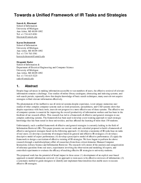 (PDF) Towards a unified framework of IR tasks and strategies