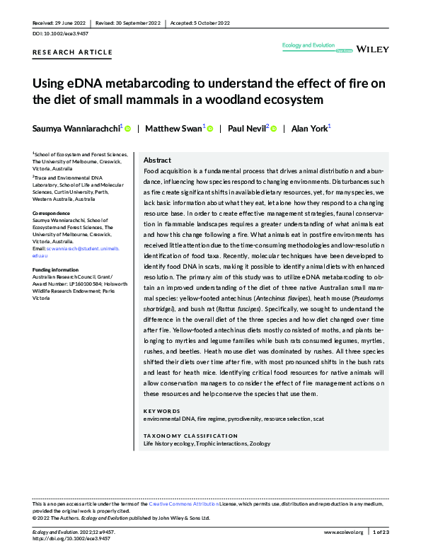 (PDF) Using eDNA metabarcoding to understand the effect of fire on the ...