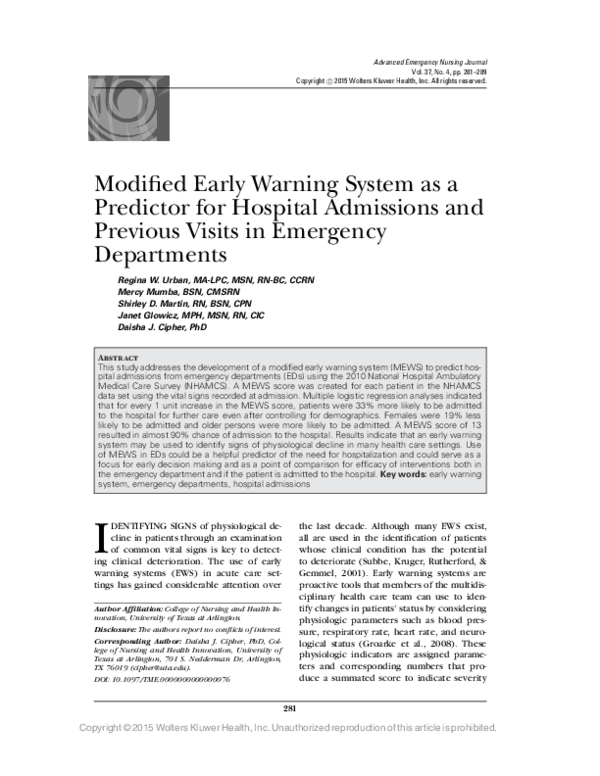 (PDF) Modified Early Warning System as a Predictor for Hospital ...