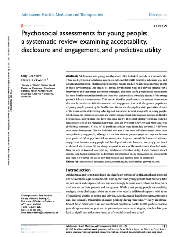 (PDF) Psychosocial assessments for young people: a systematic review examining acceptability ...
