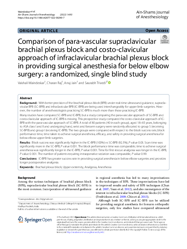 Pdf Comparison Of Para Vascular Supraclavicular Brachial Plexus Block And Costo Clavicular