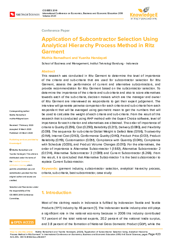 (PDF) Subcontractor Selection via AHP at Ritz Garment