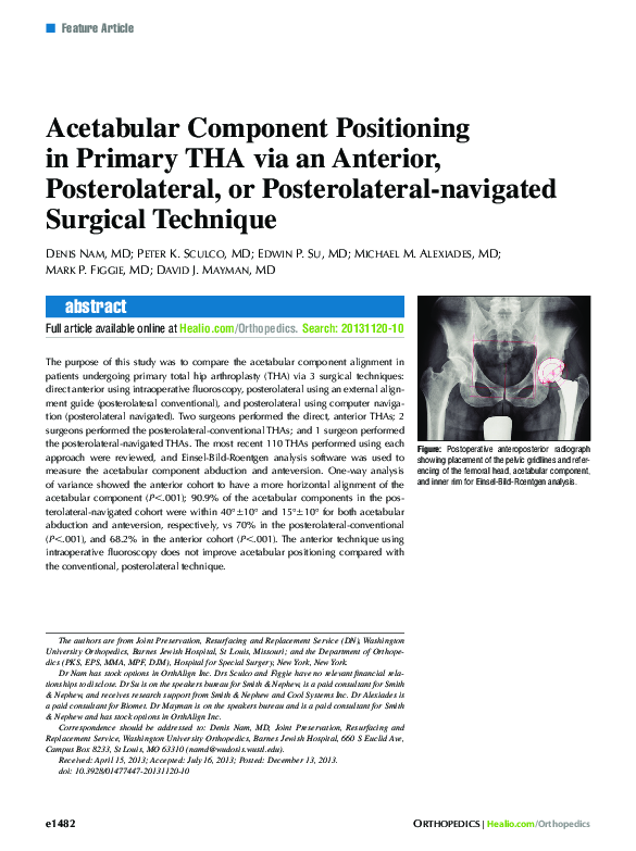 Pdf Acetabular Component Positioning In Primary Tha Via An Anterior Posterolateral Or