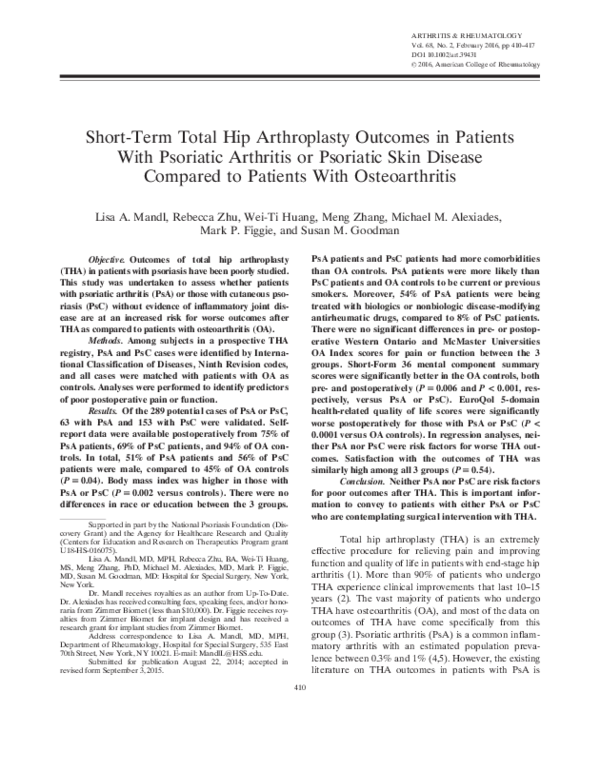 (PDF) Short Term Total Hip Arthroplasty Outcomes in Patients with ...