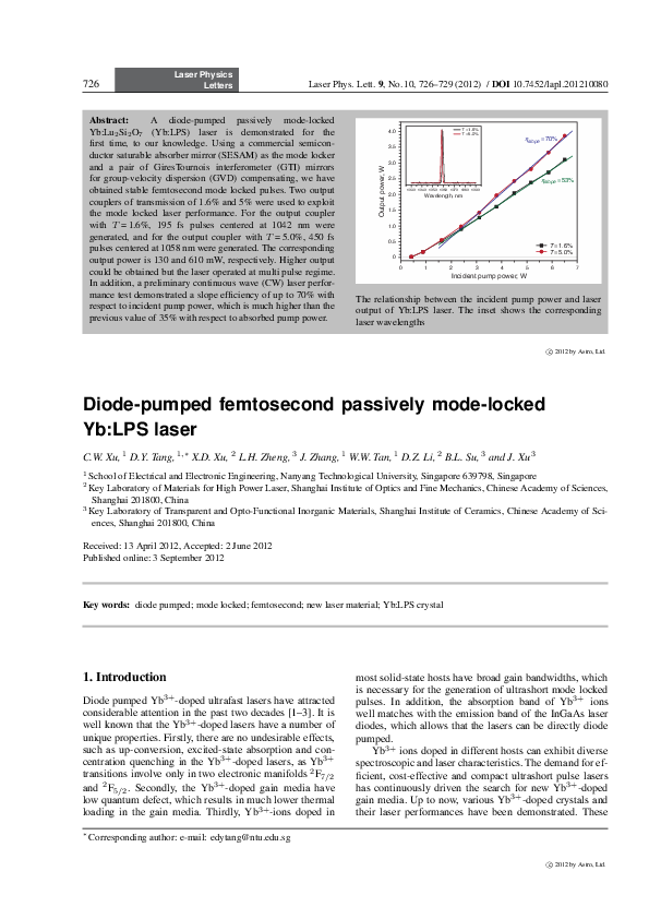 (PDF) Diode-pumped femtosecond passively mode-locked Yb:LPS laser