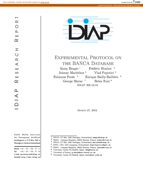 (PDF) Experimental protocol on the BANCA database