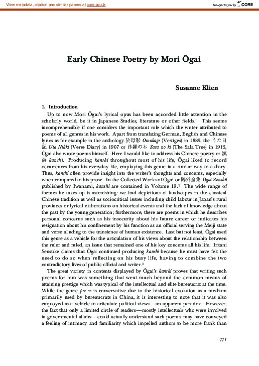 (PDF) Early Chinese Poetry by Mori Ogai