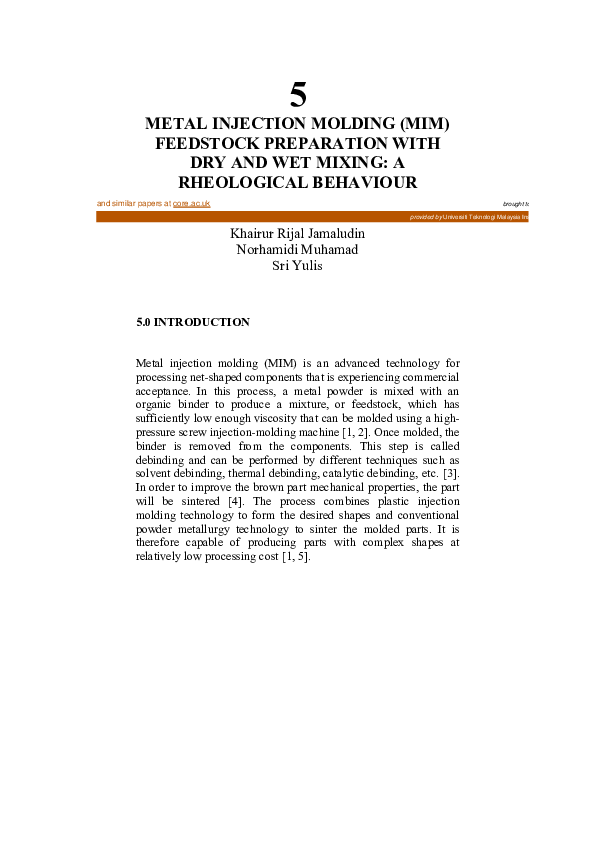 Pdf Metal Injection Moulding Mim Feedstock Preparation With Dry And Wet Mixing A