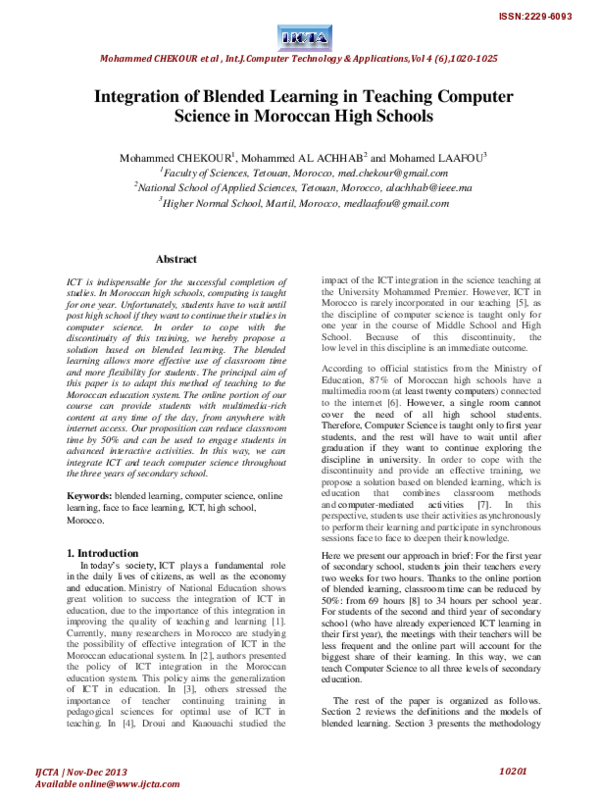 (PDF) Integration of Blended Learning in Teaching Computer Science in Moroccan High Schools