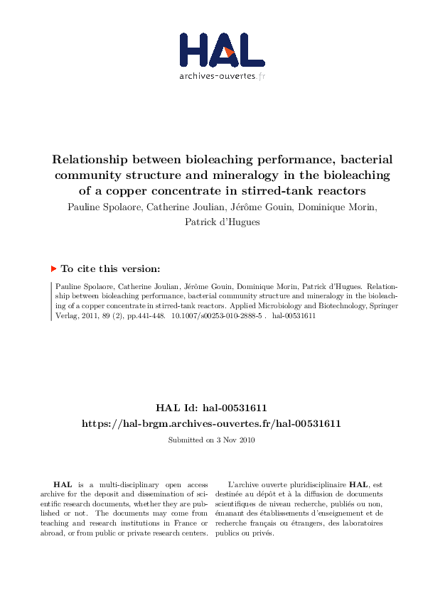 (PDF) Relationship between bioleaching performance, bacterial community ...