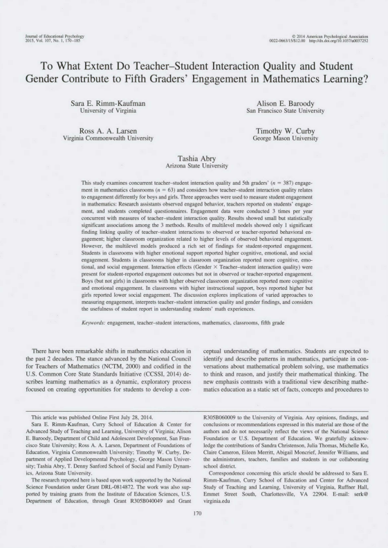 (PDF) To what extent do teacher–student interaction quality and student gender contribute to ...