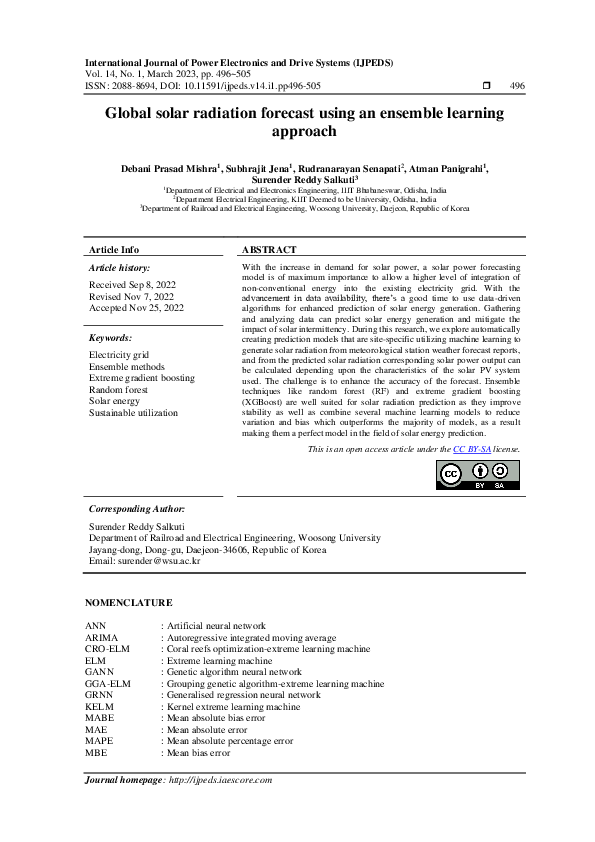 Pdf Global Solar Radiation Forecast Using An Ensemble Learning Approach