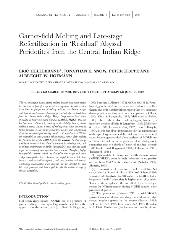 (PDF) Garnet-field Melting and Late-stage Refertilization in 'Residual ...